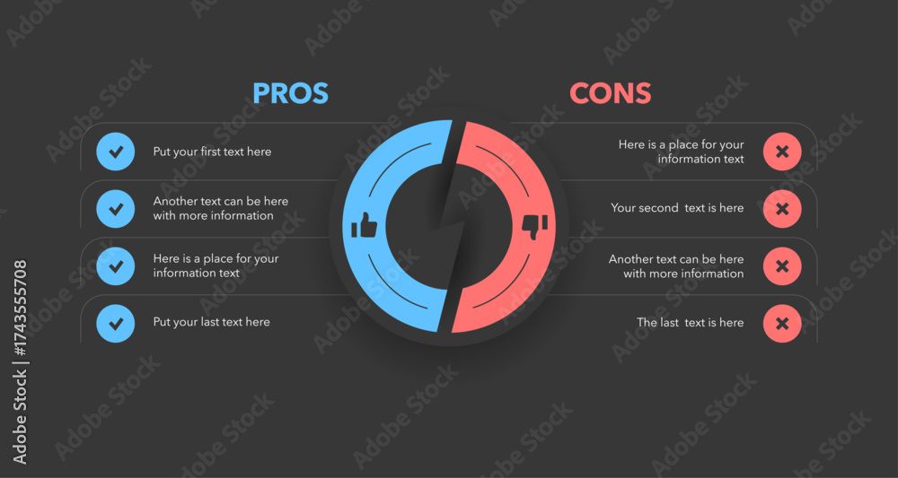 Pros and cons diagram with place for your content - dark version ...