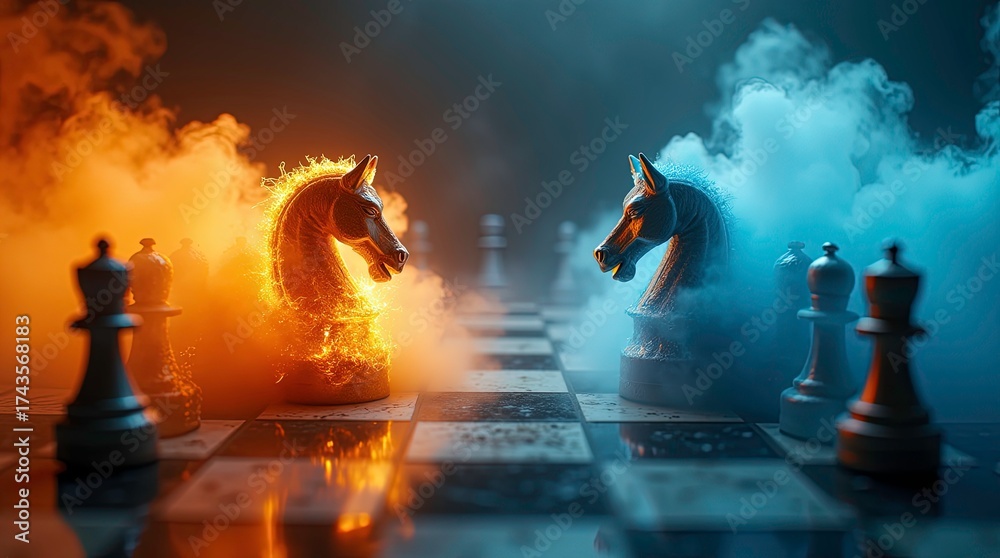 two chess kings facing each other on a chess board with dramatic ...