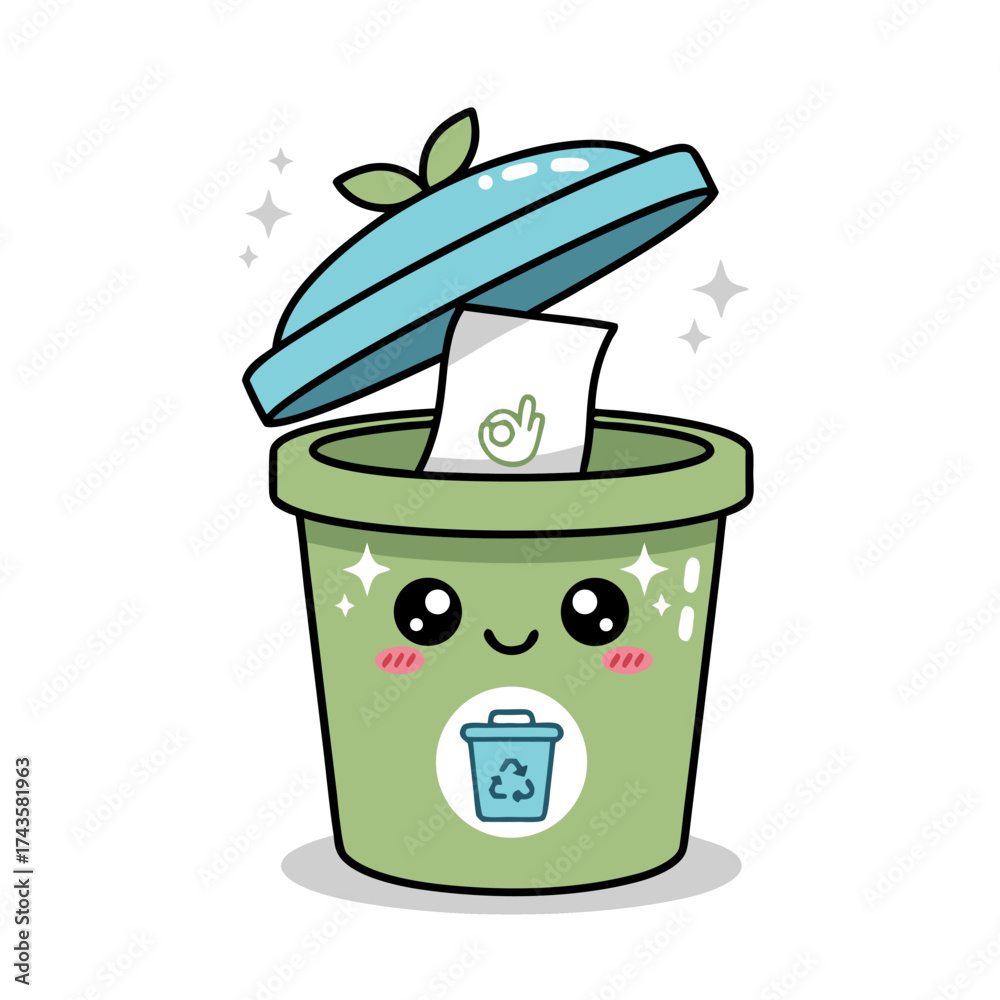 Cute kawaii recycling bin character for eco-friendly waste management ...