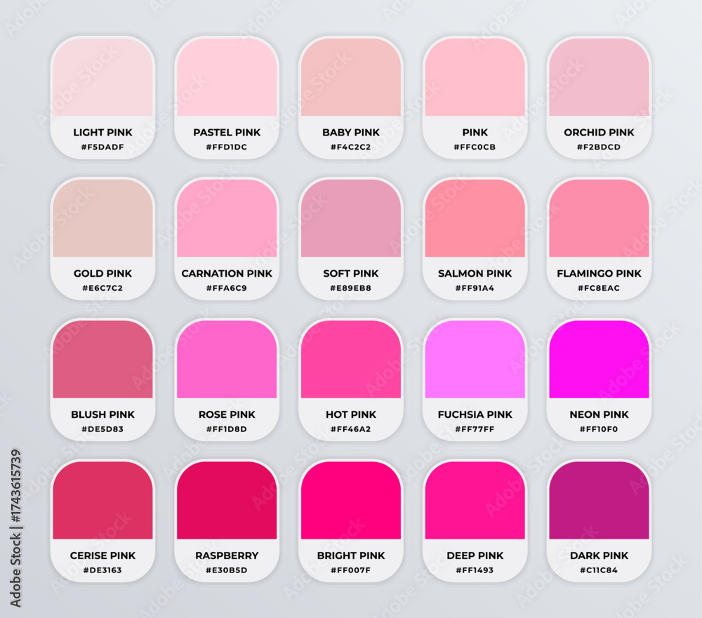Pink color codes shades guide palette catalog with color names Stock ...