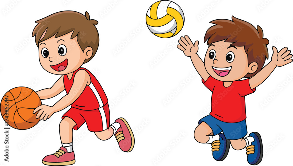 Cartoon kids playing basketball and volleyball vector illustration ...