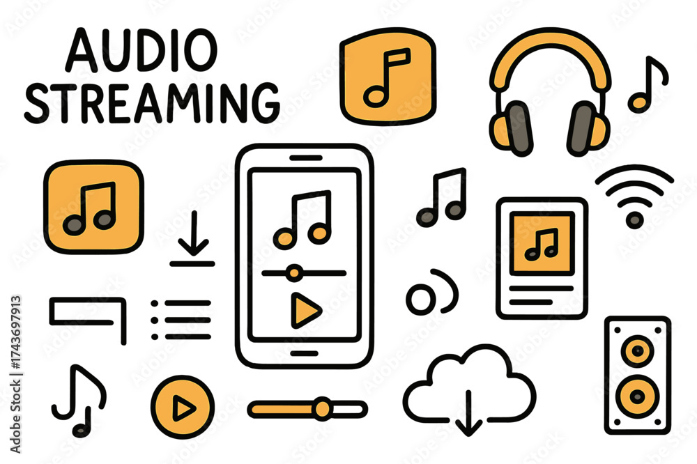 Audio Streaming Icons. Audio Streaming. Hand-drawn doodle illustration ...