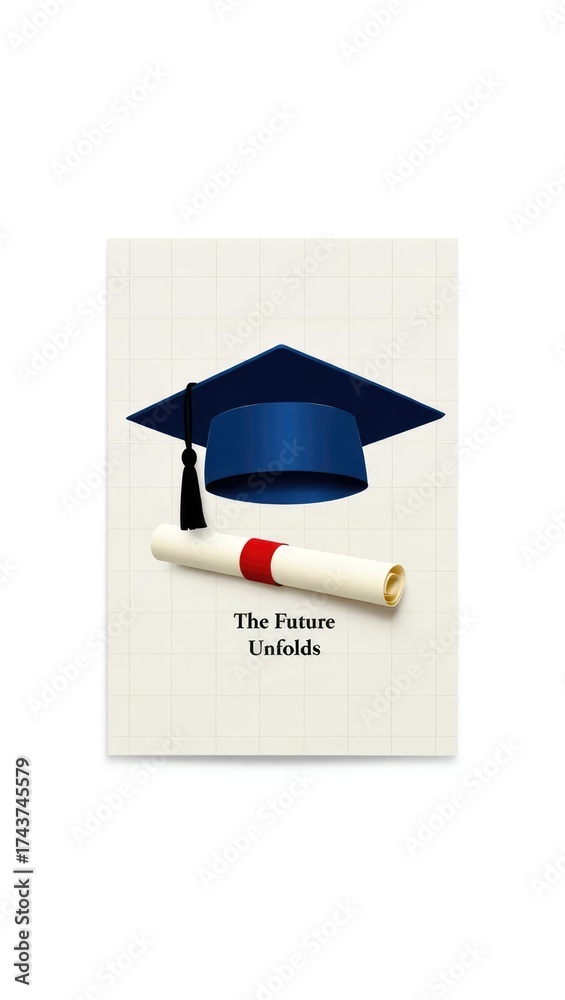 Graduation cap with diploma on white background and text “The Future ...