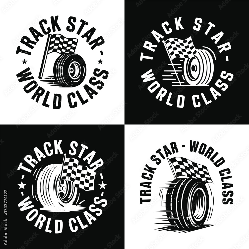 Track star world class racing tire and checkered flag illustration for ...