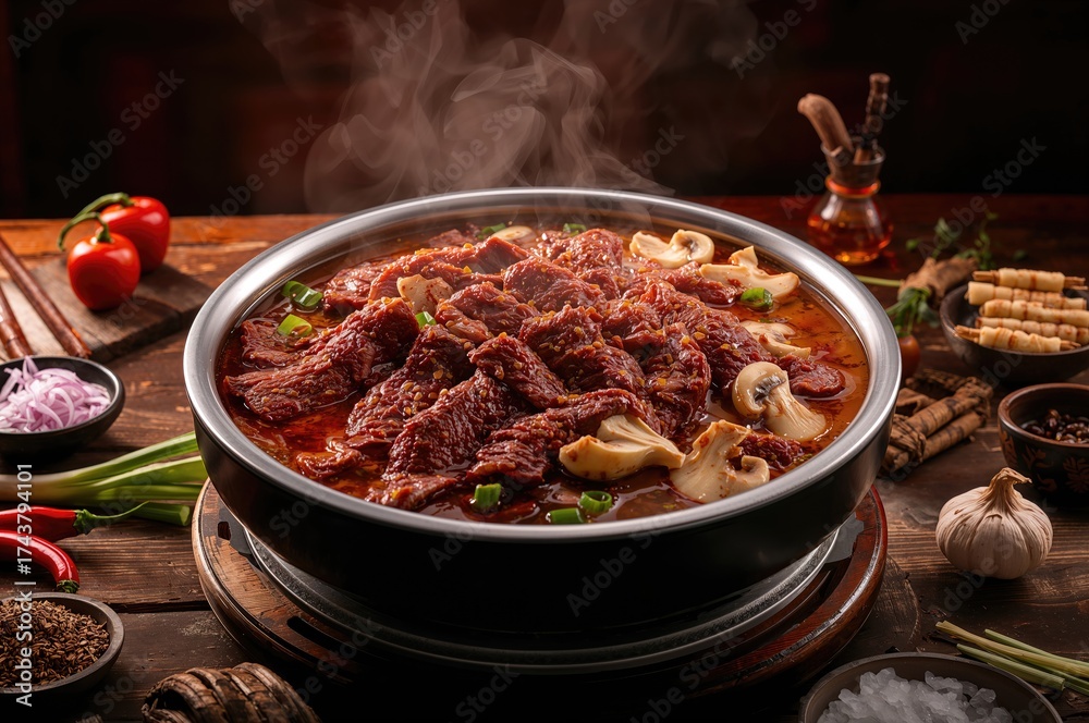 Famous spicy hot pot featuring sweet garlic and thin beef cuts Stock ...