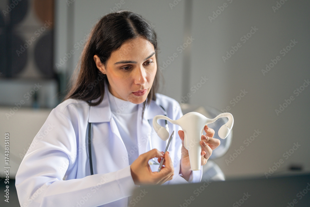 Woman doctor explaining female reproductive system using uterus model ...