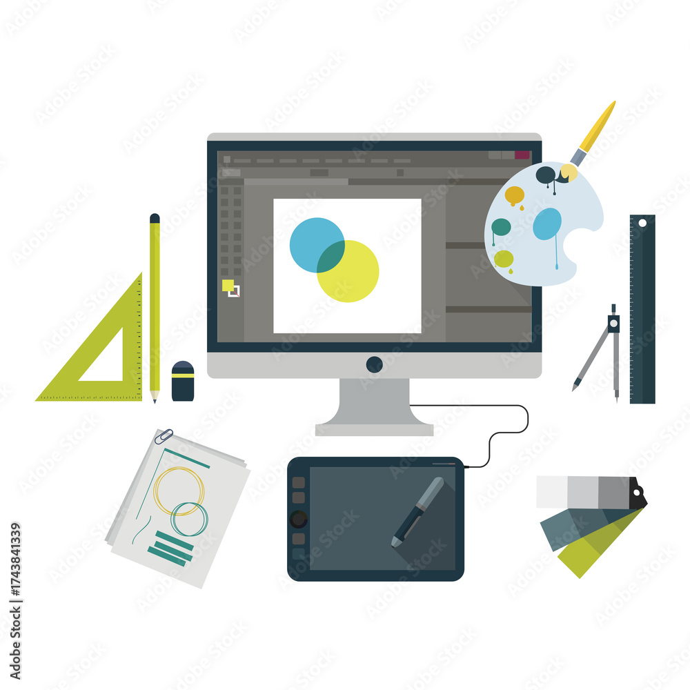 Digital Design Setup with Computer Tablet Palette and Drafting Tools in ...