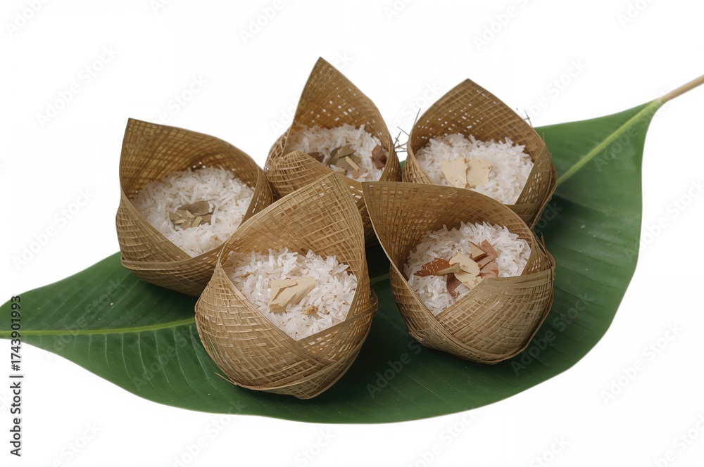 Traditional Eid Mubarak delicacy made of rice packed in woven palm leaf ...