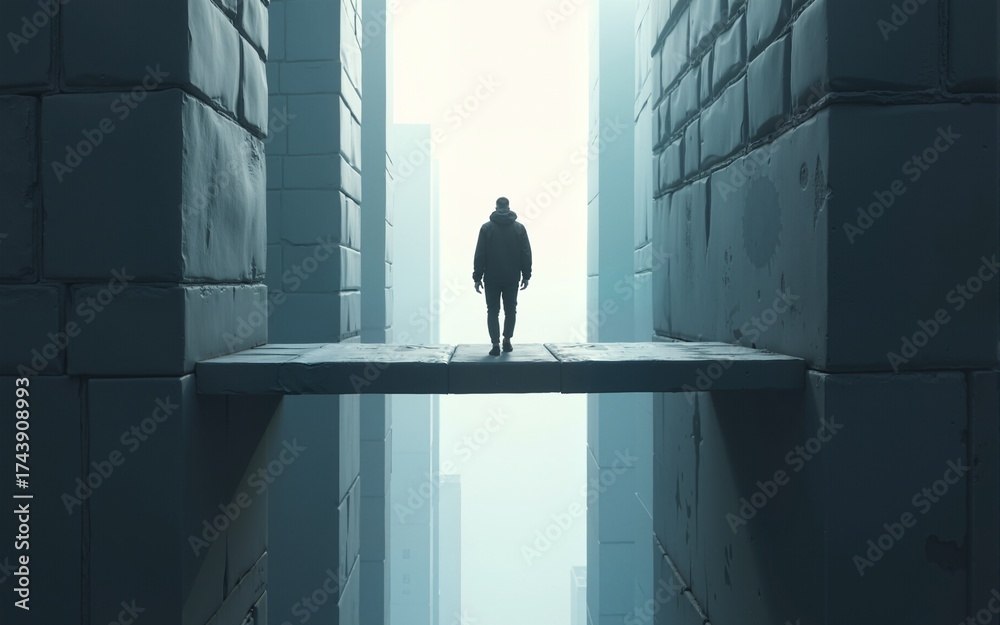 Tiny human walking on thin bridge between two colossal monoliths ...