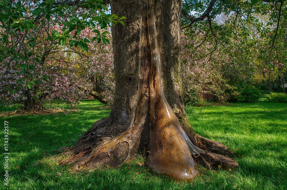 Clear sap exudes from a fruit tree bark, likely caused by bacterial or ...