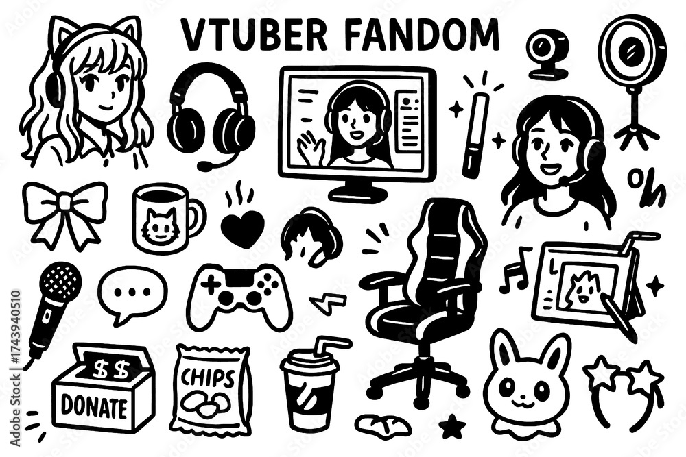 VTuber fandom doodle with streaming setup, gaming icons, and virtual ...