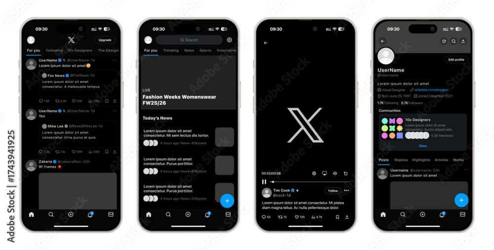 X formerly Twitter app UI template 2025 update with dark mode, modern ...
