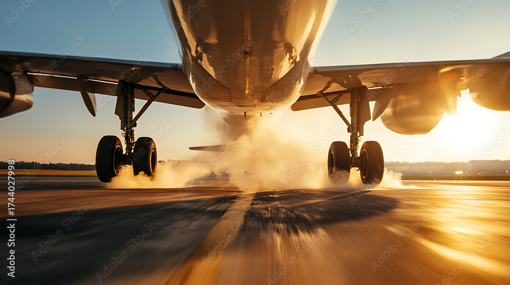 Airplane landing gear touching down on runway with smoke and sun flare ...