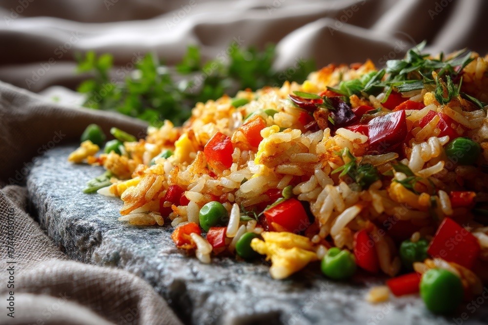 Macro detail close-up photography of an exquisite fried rice on a ...