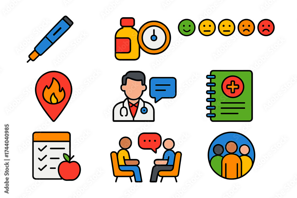 Chronic Care Icons. Flat vector icons of chronic illness care: insulin ...