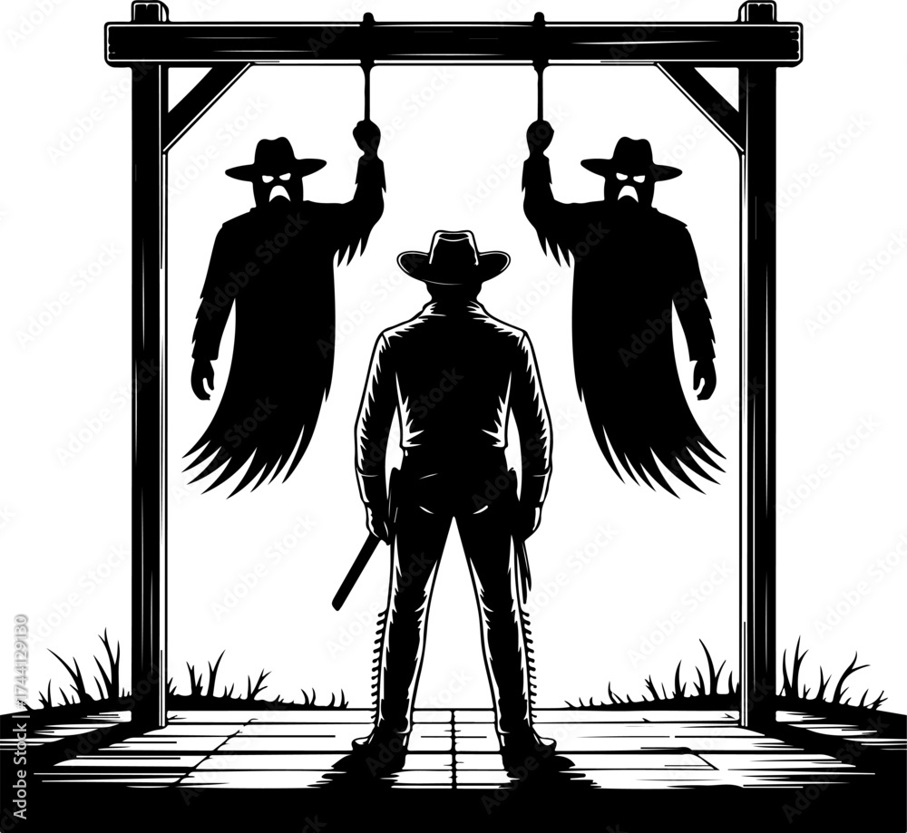 Mysterious Cowboy Faces Haunting Shadows of Executed Men Beneath a Grim ...