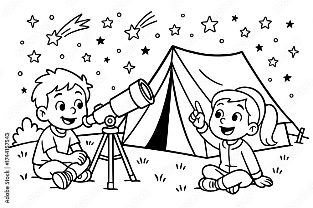 Stargazing Camping Scene. Camping coloring page: children stargazing ...