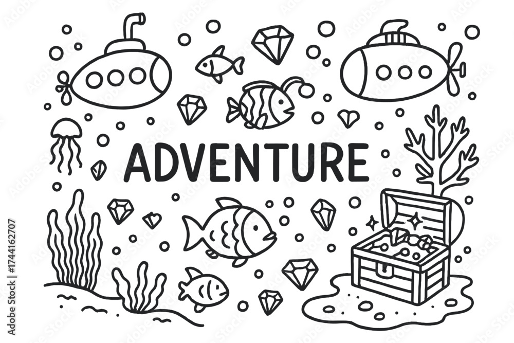 Deep Sea Adventure. Doodle deep sea adventure with submarines, fish ...