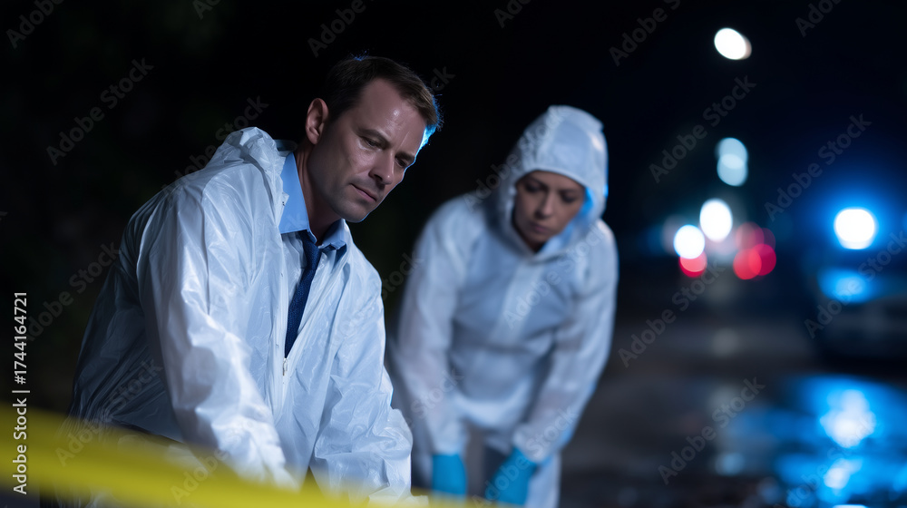 Police crime scene investigation at night with forensic experts and ...
