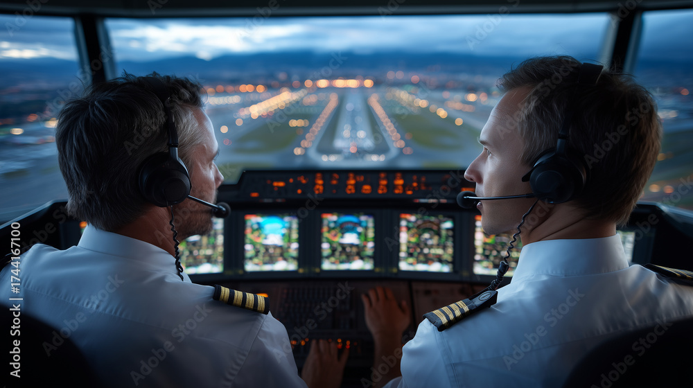 Air traffic controllers working in control tower overlooking airport ...