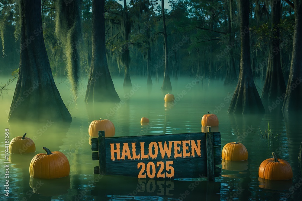 Stock-Foto „Spooky halloween 2025 swamp scene with pumpkins and foggy ...