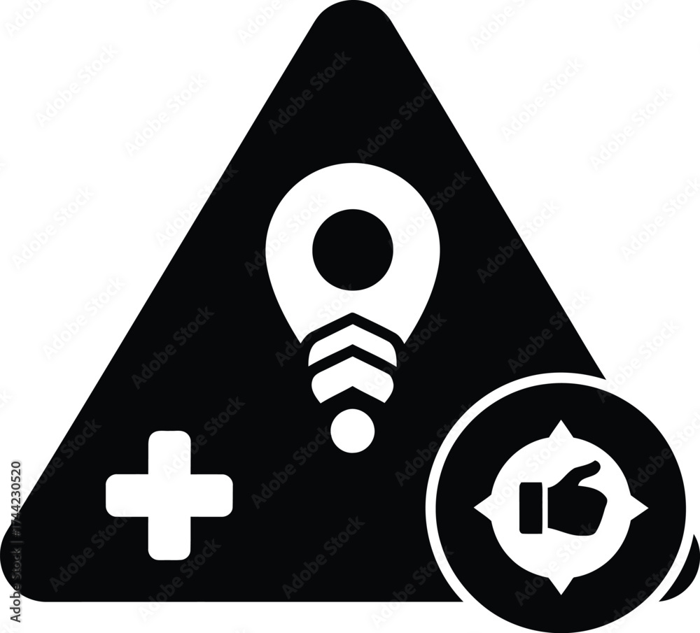Black and white graphic icons representing location a plus sign and a ...