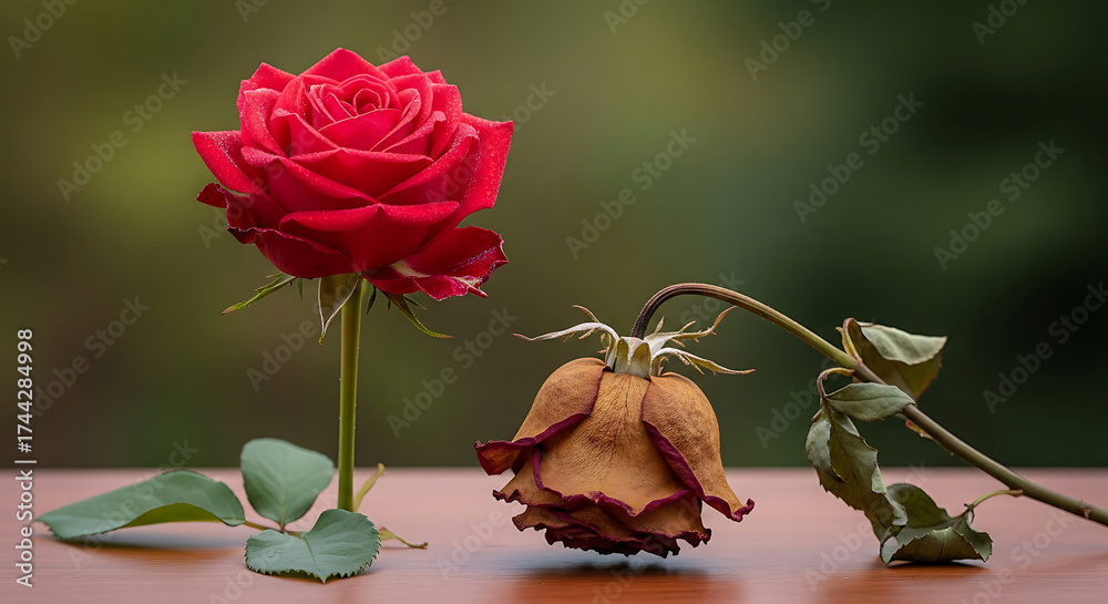 ภาพถ่าย Stock Time and Transformation: Side-by-Side Roses Depicting ...