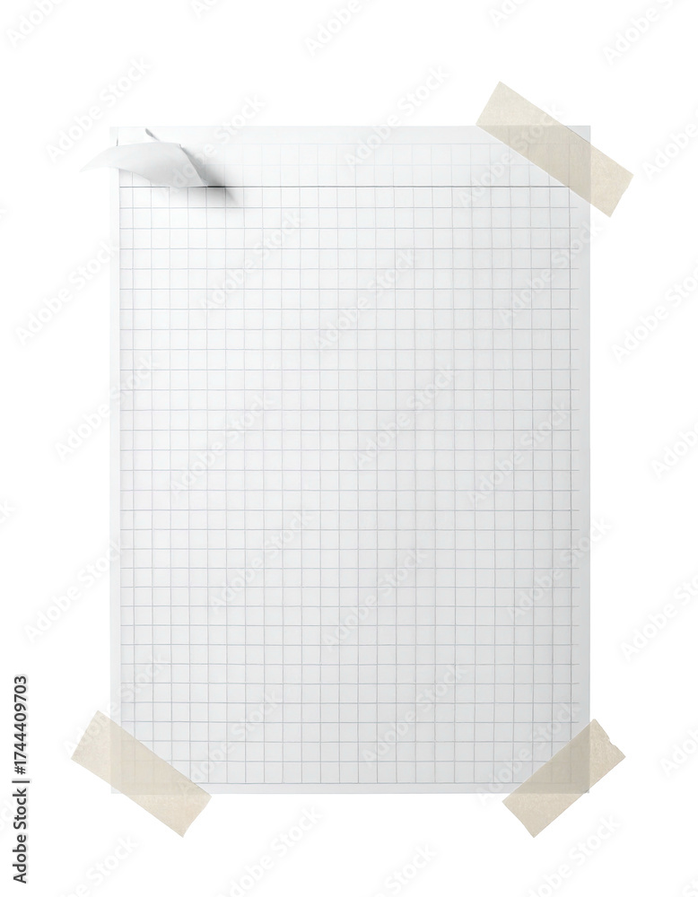 A blank, grid-lined paper is affixed with tan tape to a dark background ...