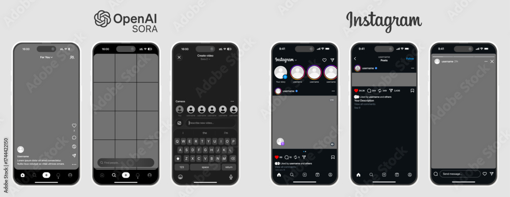 Sora 2 and Instagram 2025 UI template for AI Video Generator app, all ...