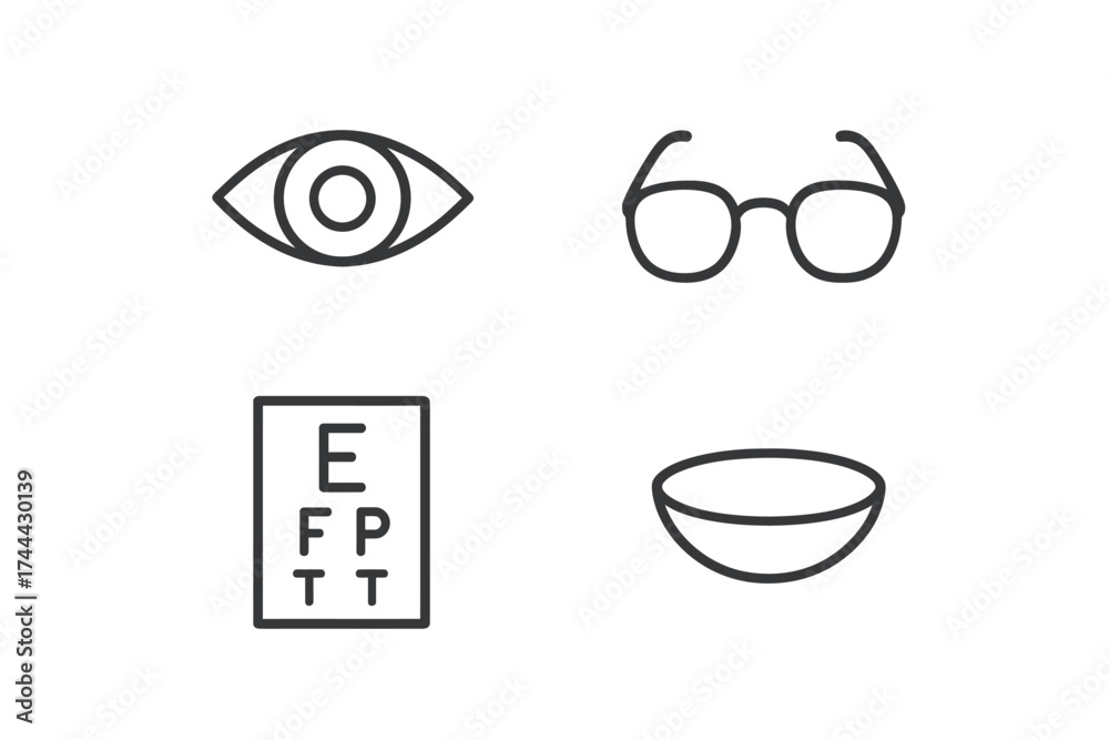 Vision icon set: eye, glasses, eye chart, contact lens symbols の Stock ...