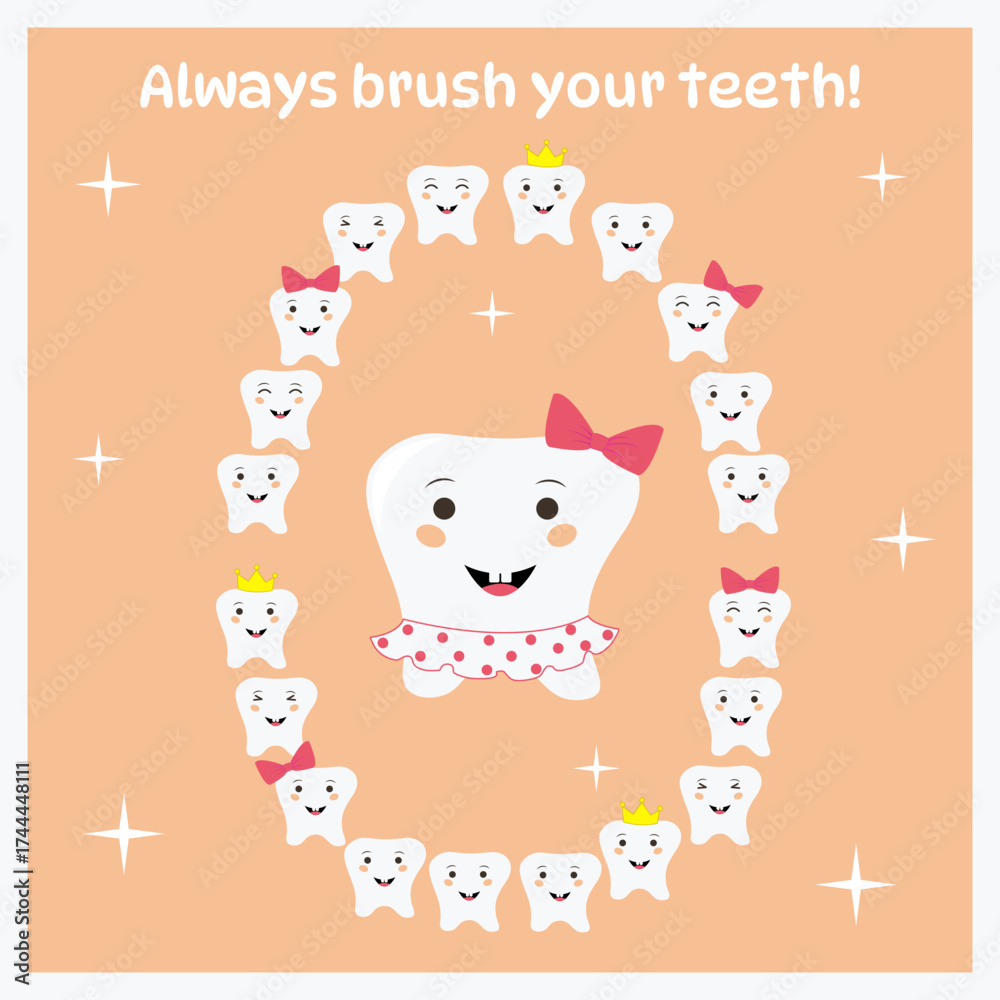 Dental care card. Always brush your teeth! Smiling teeth, cute teeth ...