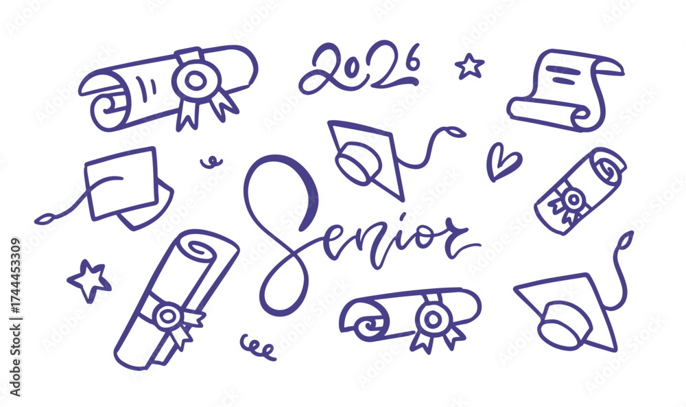 Doodle Graduation elements set with Caps with Tassels, diploma ...