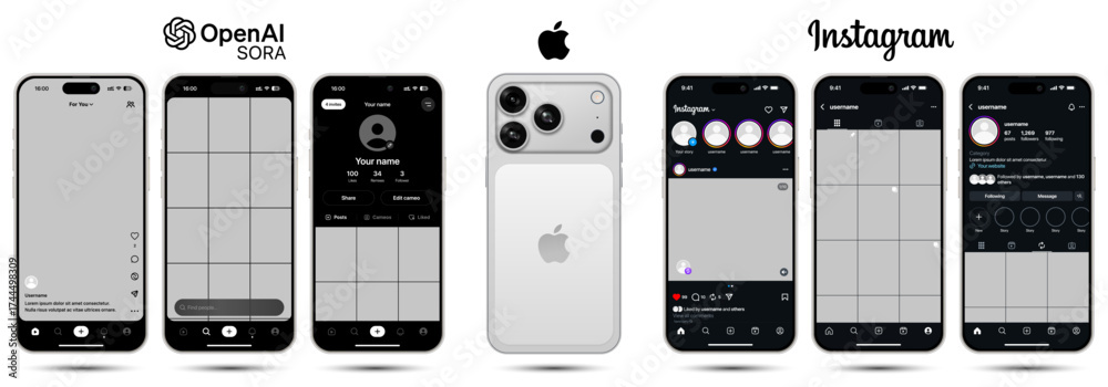 Sora 2 AI and Instagram 2025 UI template post and reels, all UI screens ...