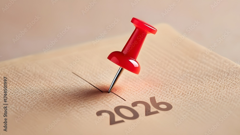 Red pin marks year 2026 on brown paper. Stock Photo | Adobe Stock
