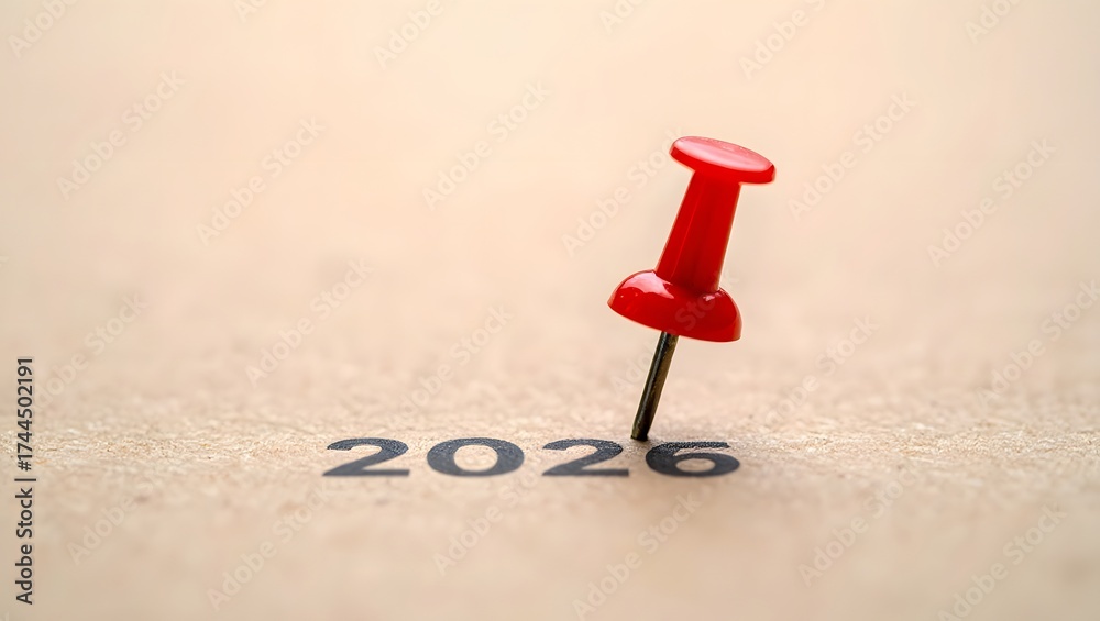 Foto de Stock Red pin marks year 2026 on brown paper. | Adobe Stock
