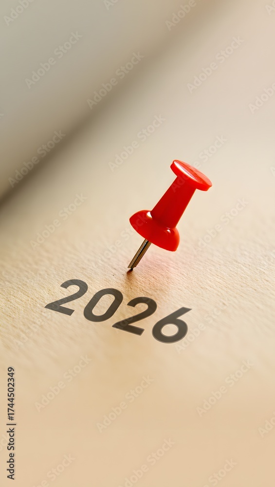 Red pin marks year 2026 on brown paper. Stock Photo | Adobe Stock
