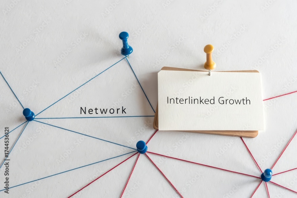Conceptual network diagram using pins and strings on white paper Stock ...