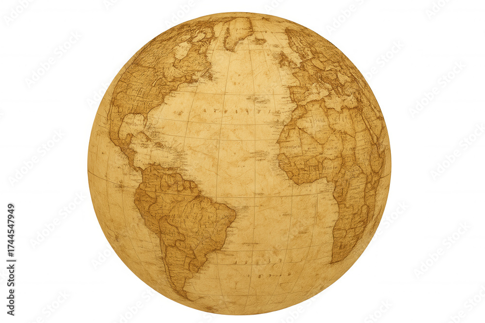 Vintage world globe showing continents, displaying old map texture with ...