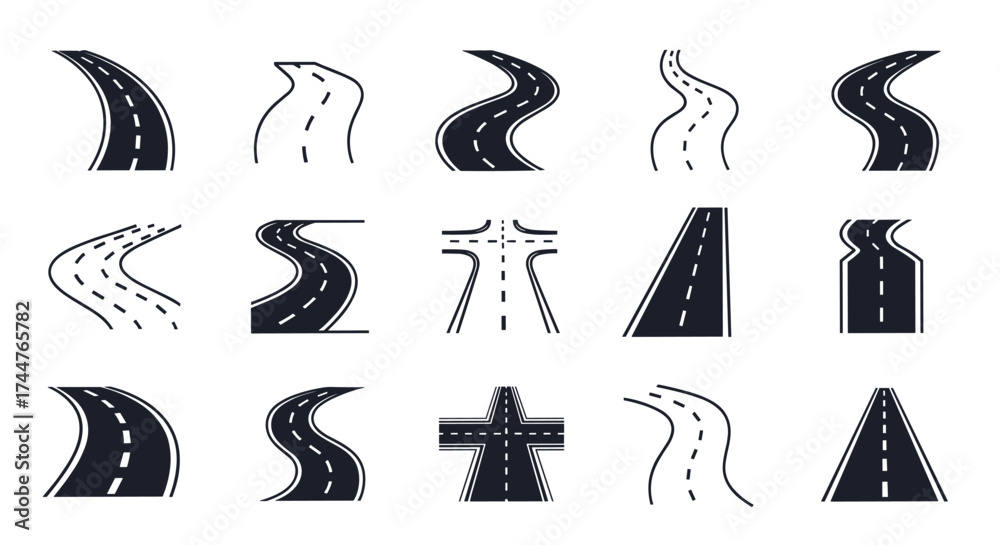 Collection of various asphalt road designs with white dashed lines on a ...