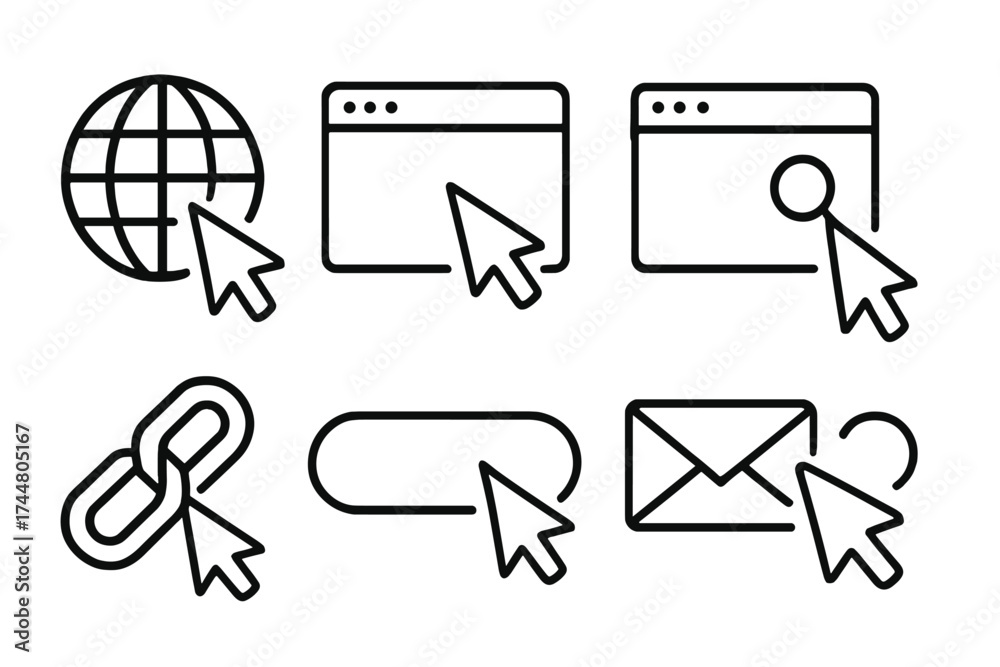 Website navigation icon set. Mouse cursor clicking on globe, browser ...