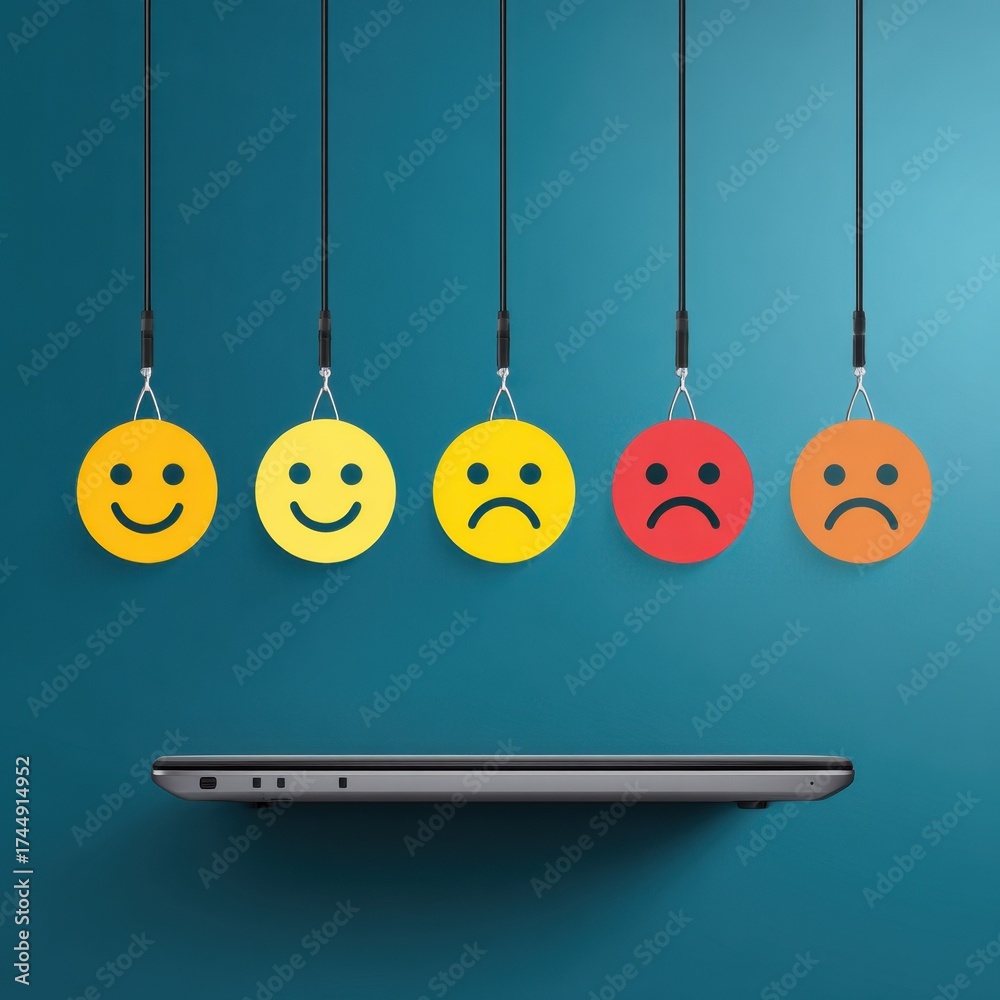 Five hanging emoji faces showing a range of emotions from happy to sad ...