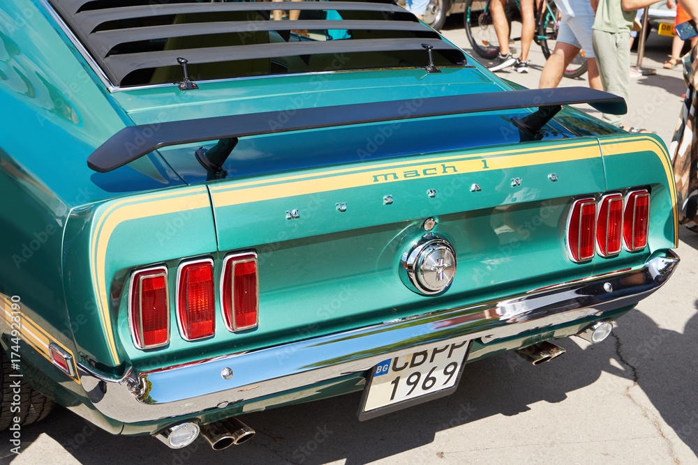 Varna, Bulgaria, September 13, 2025; Retro green car Ford Mustang Mach ...