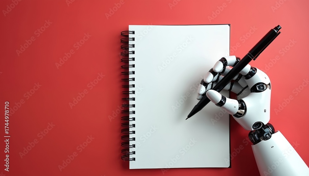 Robot hand holds pen over blank notebook on red background. Automation ...