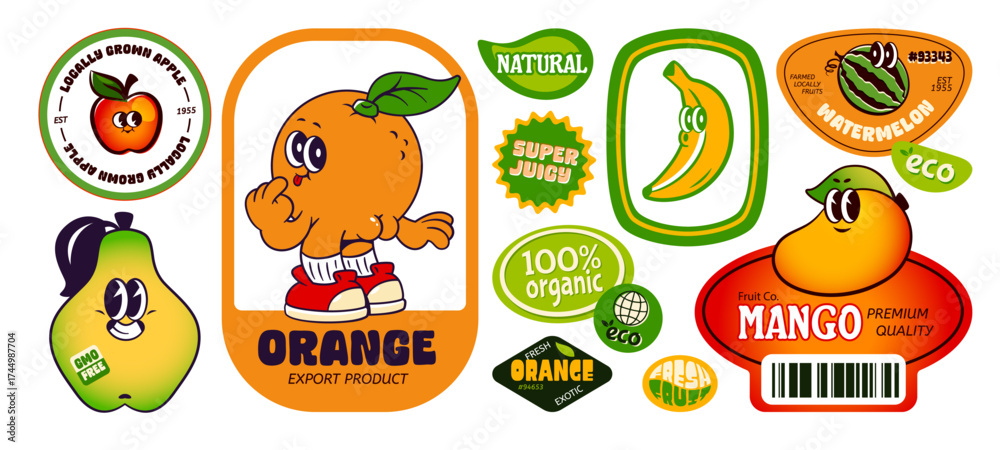 Retro fruit sticker set with cartoon orange and banana, mango and pear ...