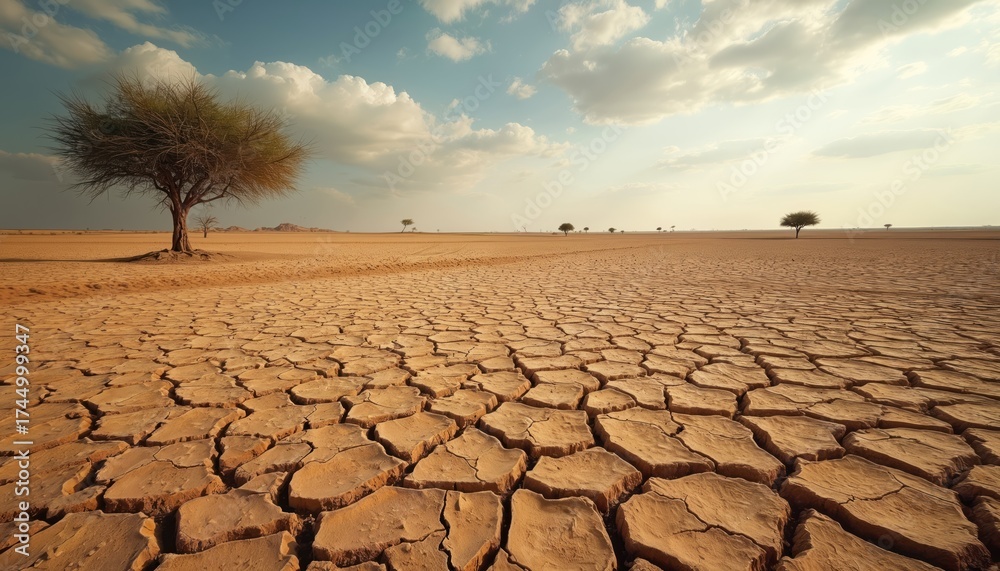 Vast arid land shows severe drought impact. Cracked earth stretches far ...