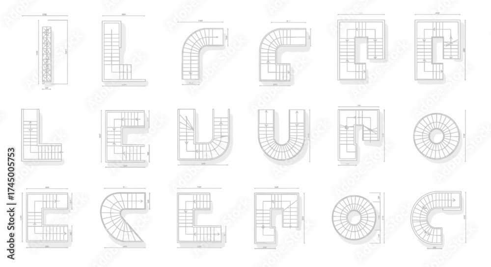Collection of schematic staircase layouts and designs for architectural ...