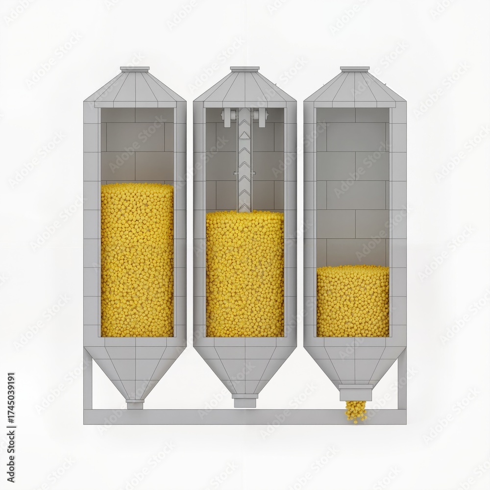Ilustración de Stock cross-section diagram of three industrial silos ...