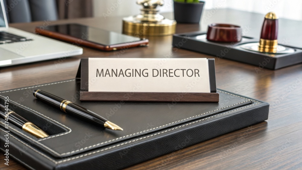 Executive desk setup with nameplate for managing director, modern ...