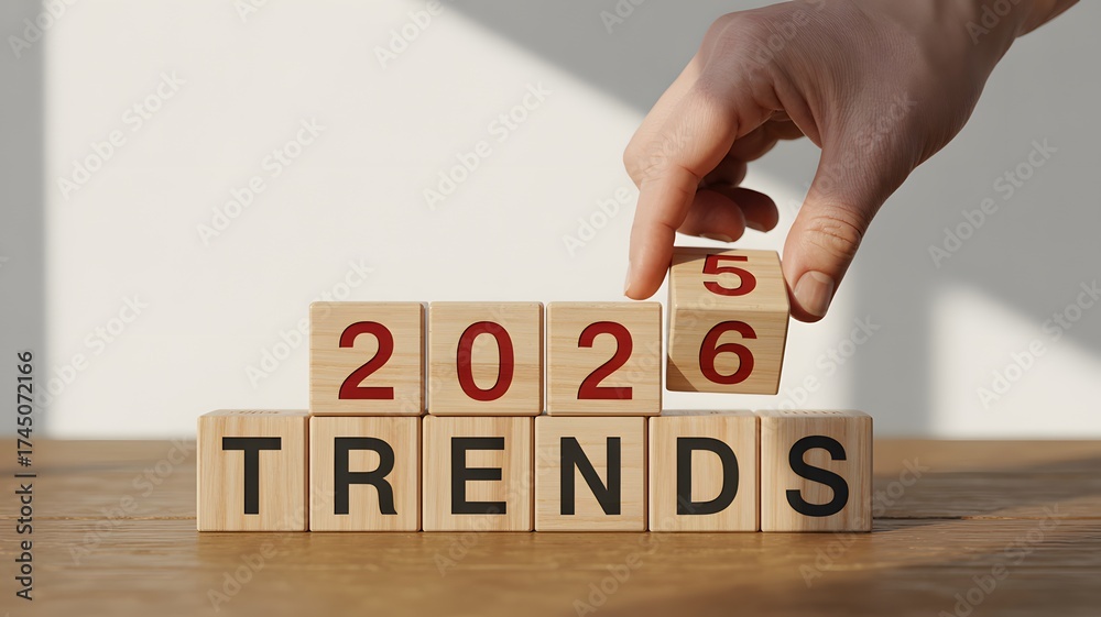 Hand changing the year 2026 to 2025 on wooden blocks spelling out the ...