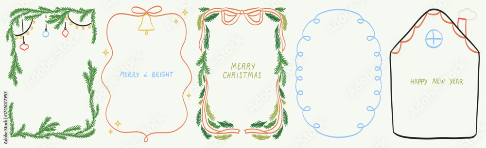 Christmas decorative frames collection with fir tree branches, bow and ...